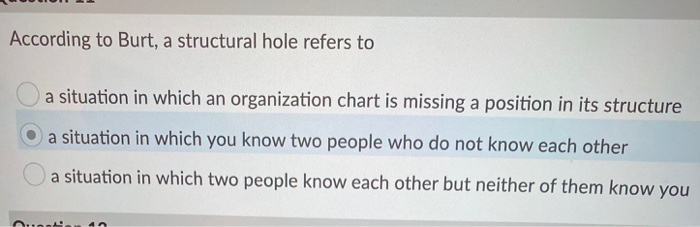 Solved According to Burt, a structural hole refers to a | Chegg.com
