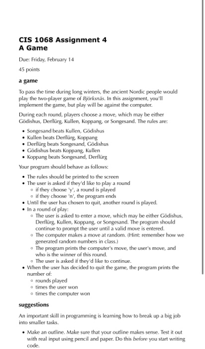 Solved CIS 1068 Assignment 4 A Game Due: Friday, February 14 | Chegg.com