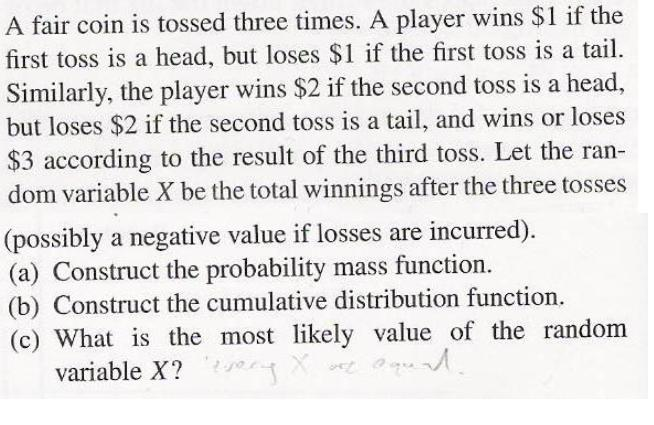 Solved A fair coin is tossed three times. A player wins $1 | Chegg.com