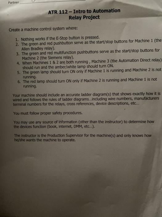 Partner ATR 112 - Intro to Automation Relay Project | Chegg.com