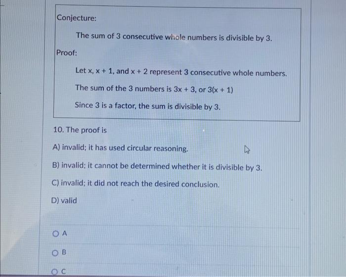 Solved Conjecture: Proof: OA The sum of 3 consecutive whole | Chegg.com