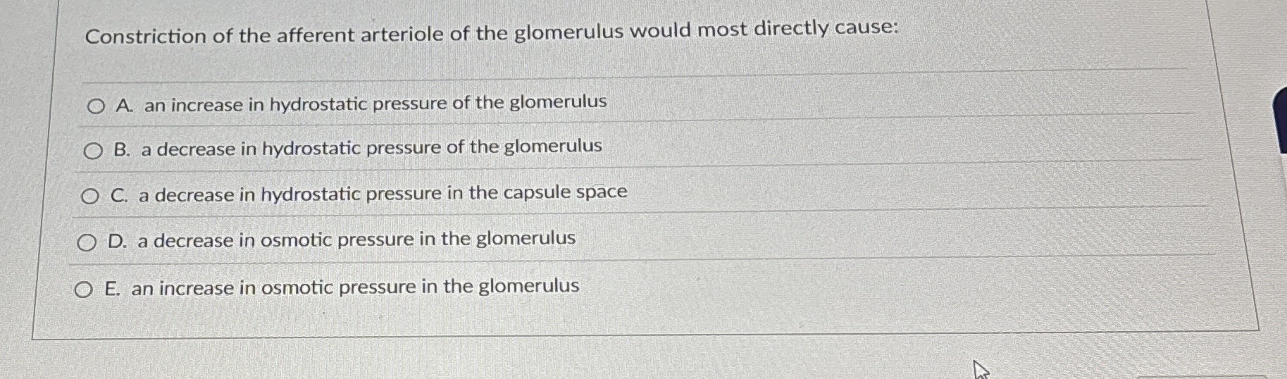 Solved Constriction of the afferent arteriole of the | Chegg.com