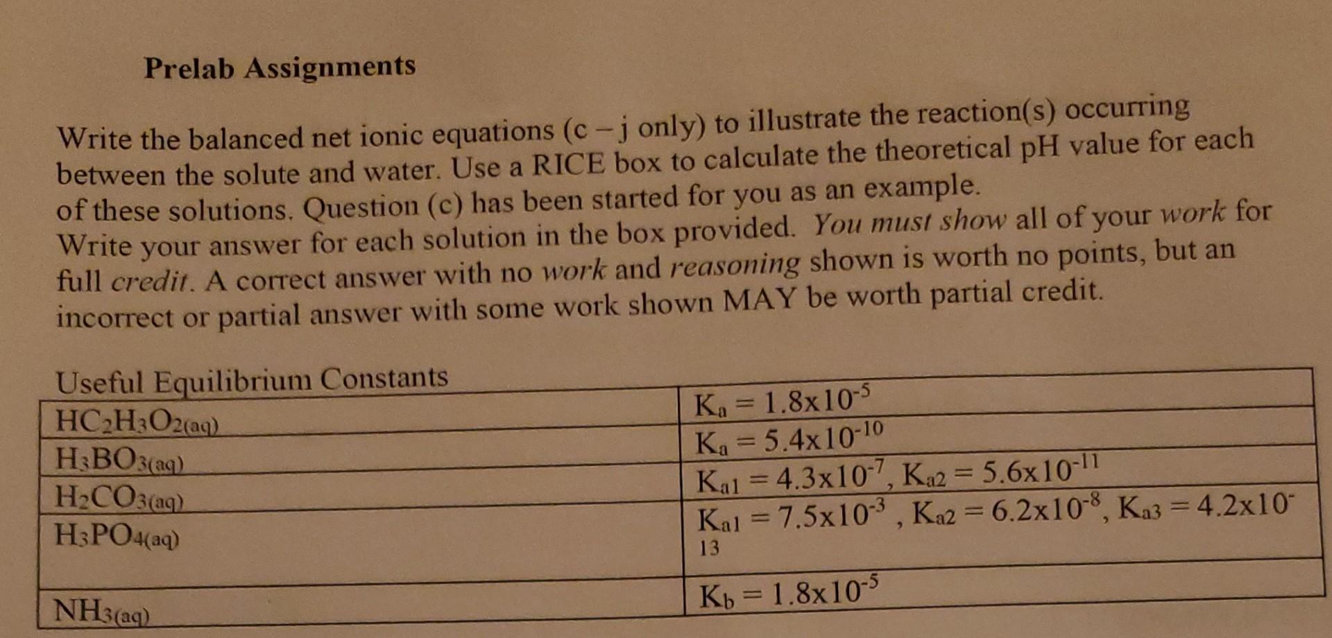 Solved Prelab Assignments a Write the balanced net ionic | Chegg.com