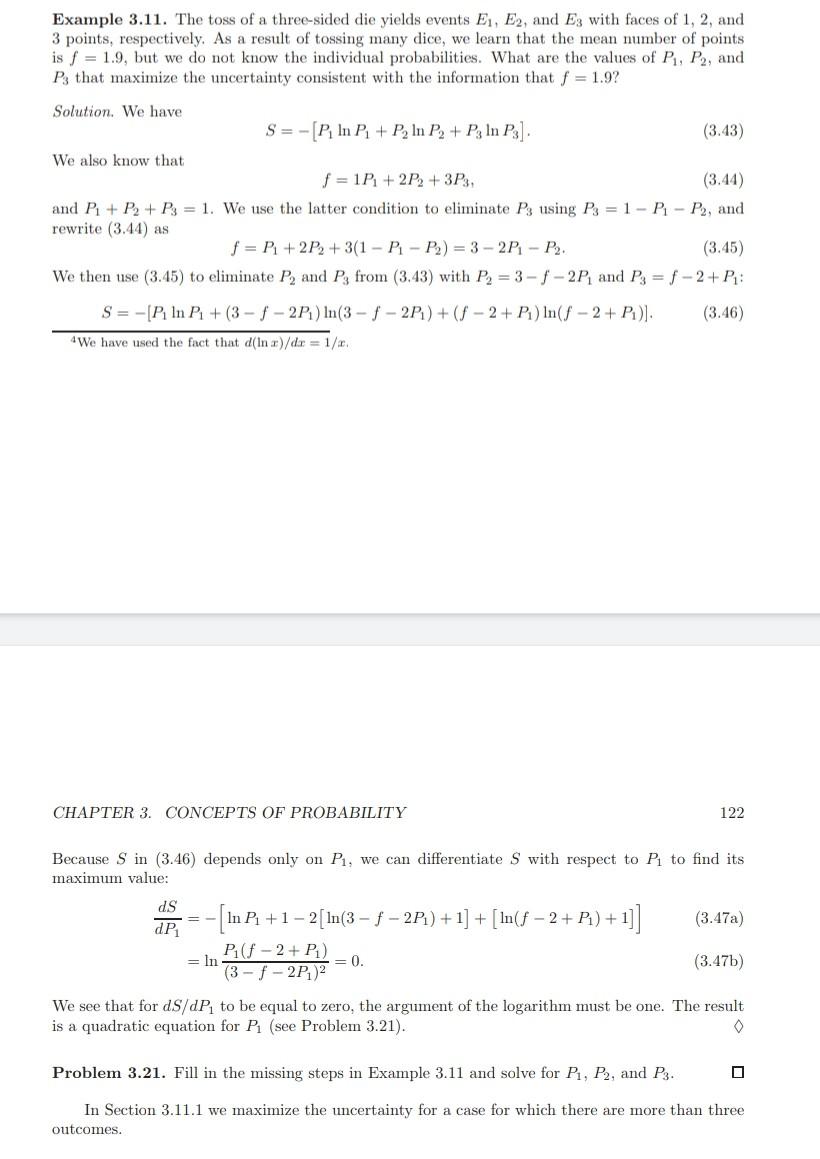 Solved Example 3.11. The toss of a three-sided die yields | Chegg.com