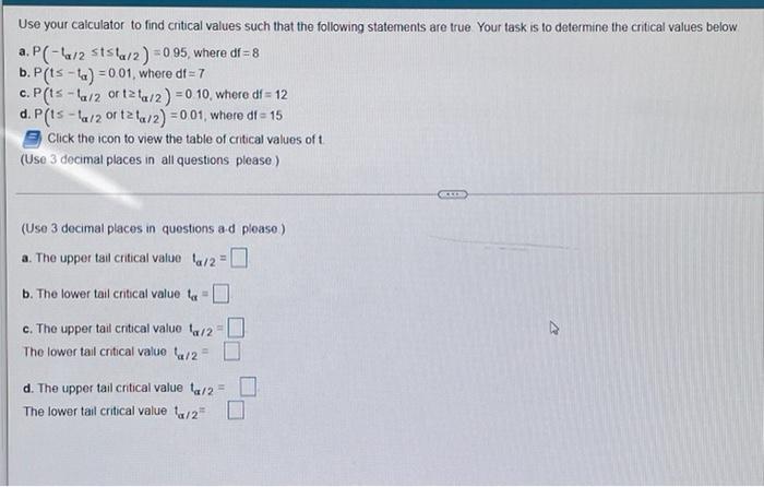 Solved Use your calculator to find critical values such that | Chegg.com