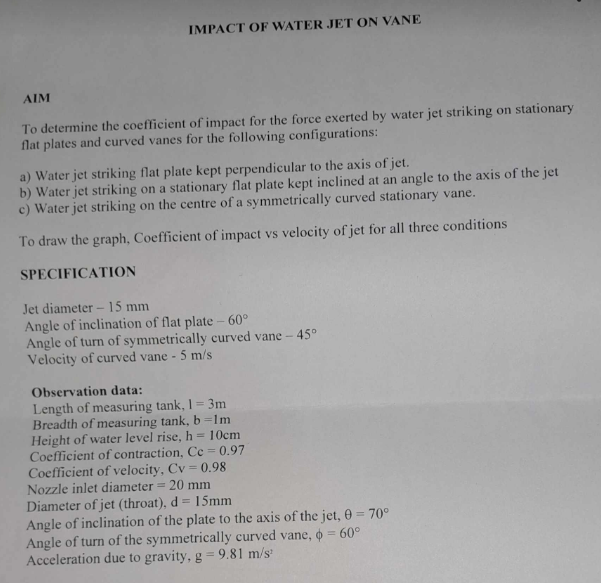 Solved IMPACT OF WATER JET ON VANE AIM To determine the | Chegg.com