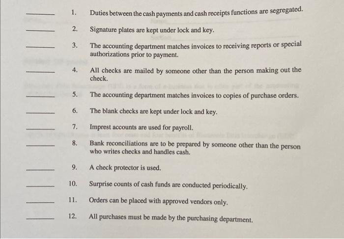 Solved Attached are 12 internal control procedures and | Chegg.com