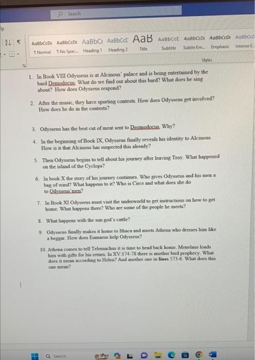 1. In Book VIII Odysseus is at Alcinous' palace and | Chegg.com
