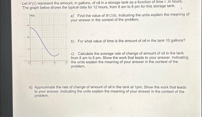 Solved Let W(t) represent the amount, in gallons, of oil in | Chegg.com