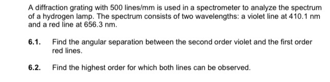 Solved A diffraction grating with 500 lines/mm is used in a | Chegg.com