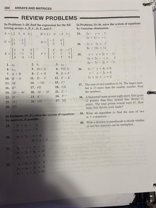 Solved 350 ARRAYS AND MATRICES REVIEW PROBLEMS In Problems | Chegg.com