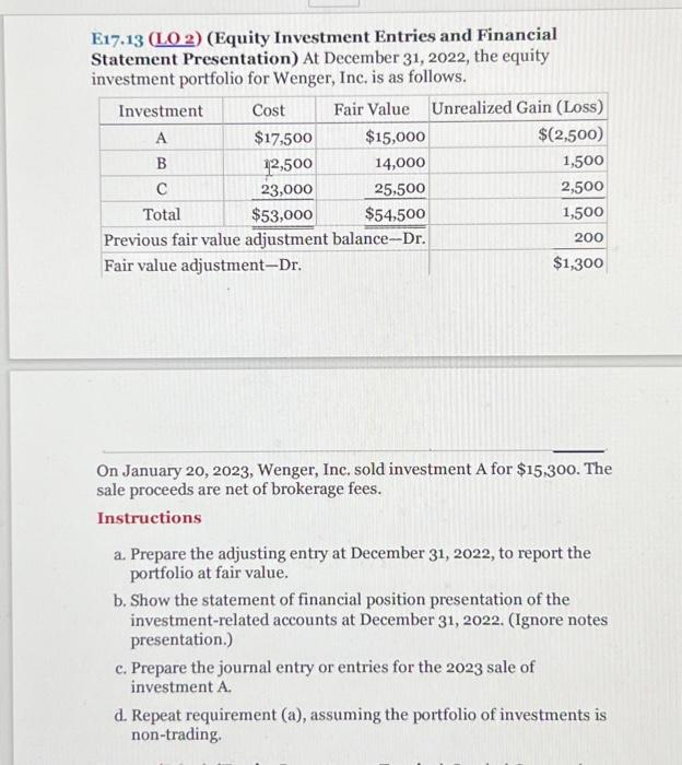 Solved E17.13 (LO 2) (Equity Investment Entries and | Chegg.com