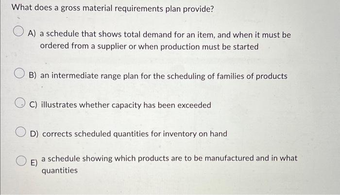 Solved What does a gross material requirements plan provide? | Chegg.com