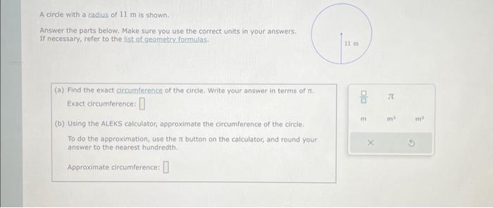 Solved A circie with a radilis of 11 m is shown. Answer the | Chegg.com