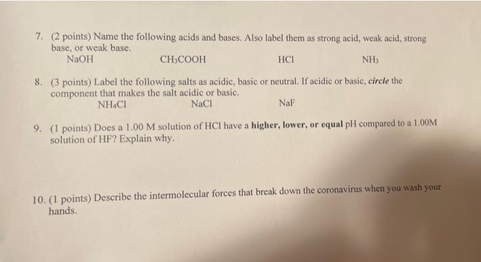 Solved 7. (2 points) Name the following acids and bases. | Chegg.com