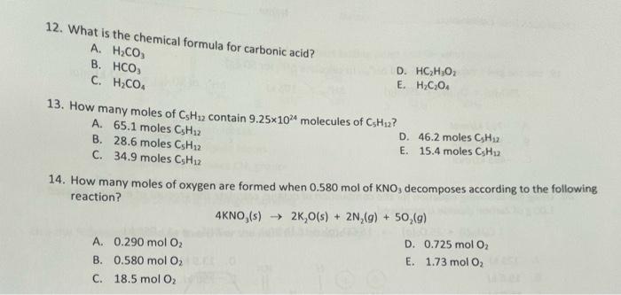 Solved 12. What is the chemical formula for carbonic acid? | Chegg.com