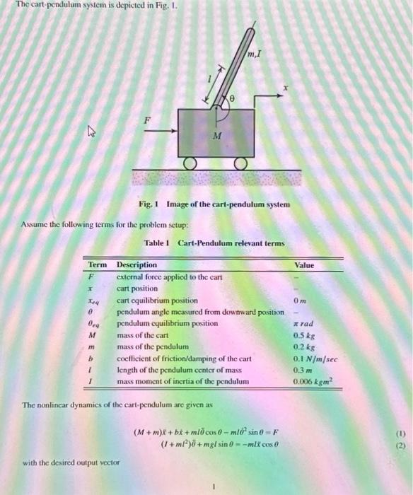 Solved The cart-pendulum system is depicted in Fig. 1 . Fig. | Chegg.com
