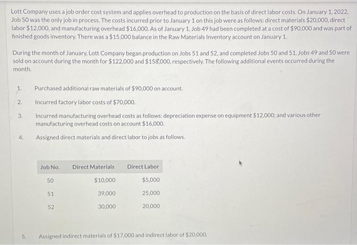 Solved Lott Company uses a job order cost system and applies | Chegg.com