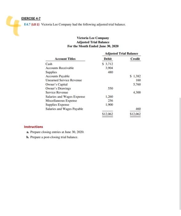 Solved 4 EXERCISE 4-7 E4.7 (LO 2) Victoria Lee Company had | Chegg.com