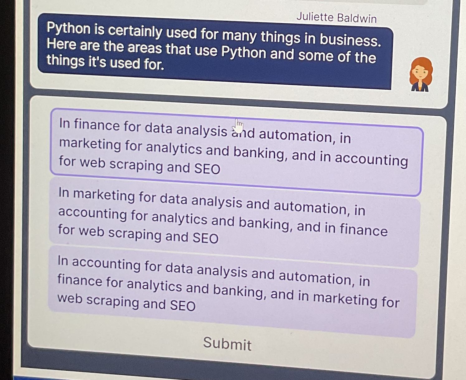 Solved Juliette BaldwinPython is certainly used for many | Chegg.com
