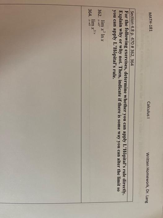 Solved MATH-181 Calculus 1 Written Homework, Dr. Lang | Chegg.com