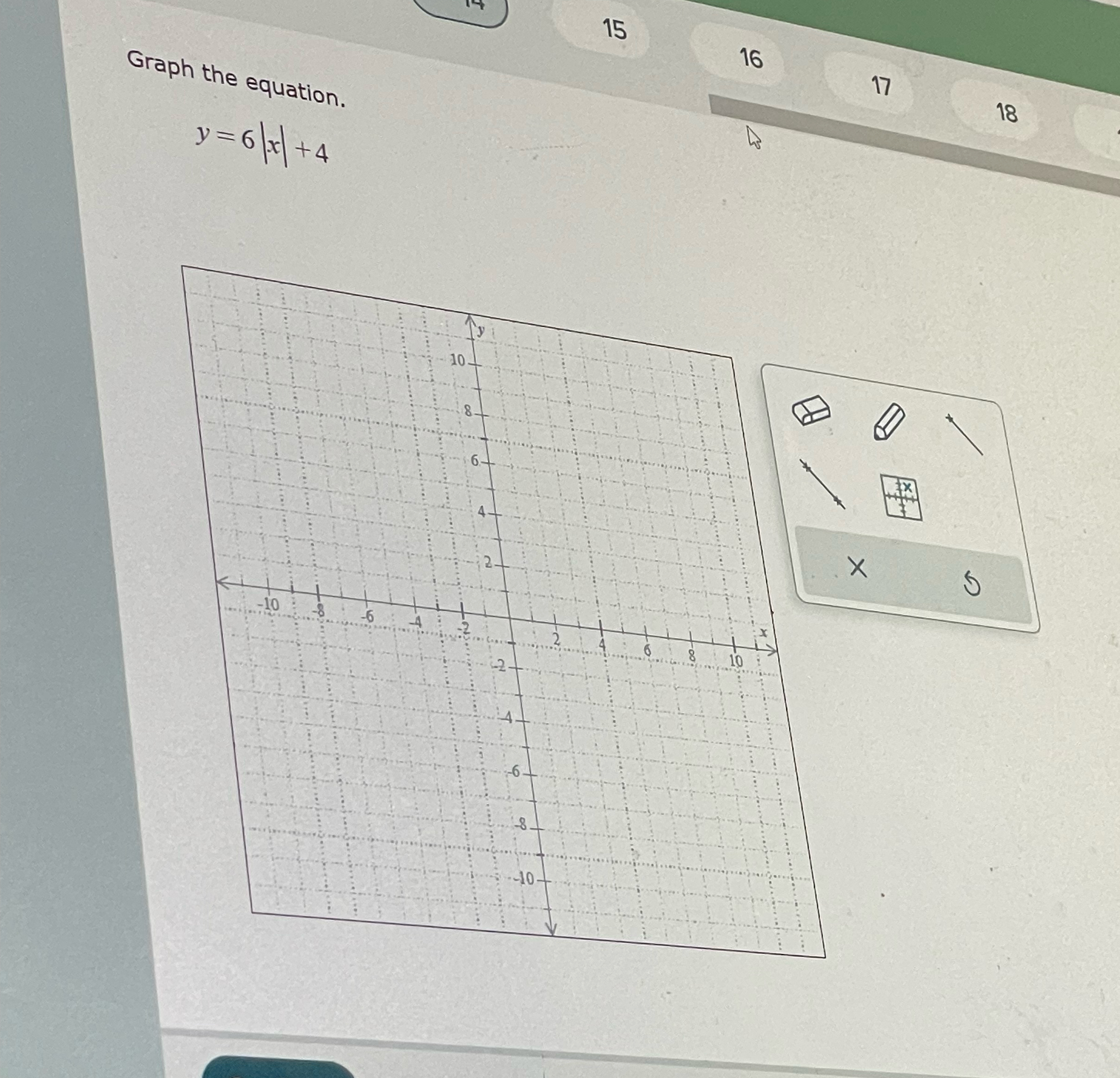 Graph the equation.15161718y=6|x|+4 | Chegg.com