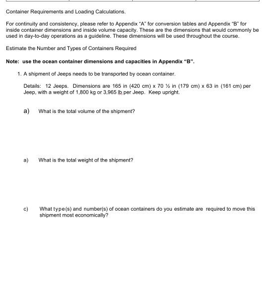 Solved Container Requirements and Loading Calculations. For | Chegg.com