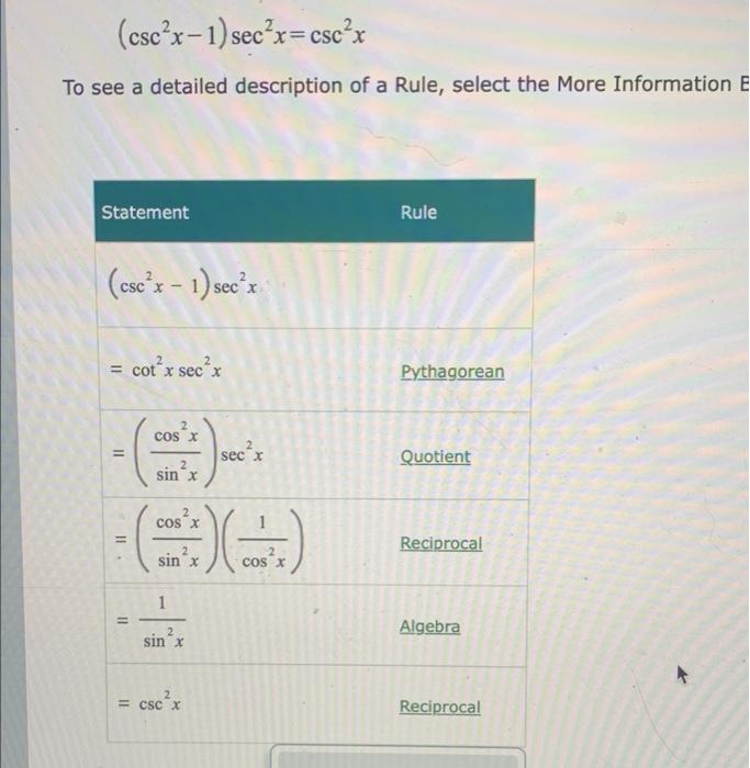 Solved (cscʻx-1) sec?x=csc?x = To see a detailed description | Chegg.com