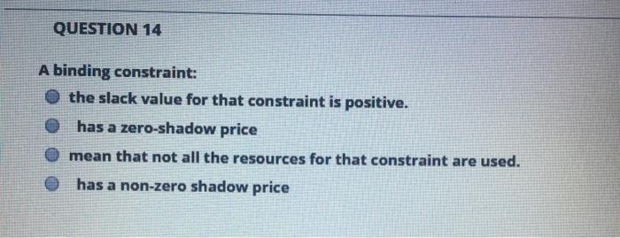 Solved QUESTION 14 A binding constraint: the slack value for | Chegg.com