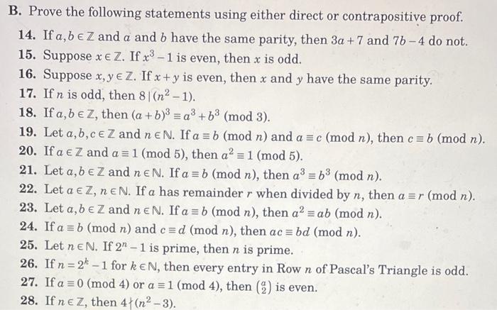 Solved B. Prove the following statements using either direct | Chegg.com