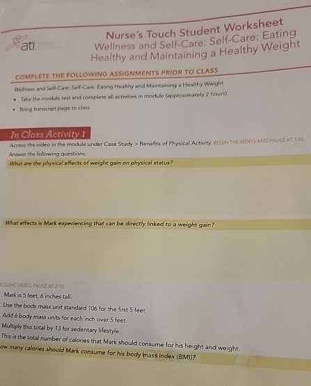 Solved Nurse's Touch Student Worksheet Wellness and | Chegg.com