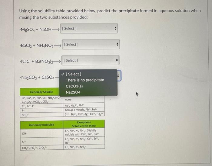 Solved Using the solubility table provided below, predict | Chegg.com