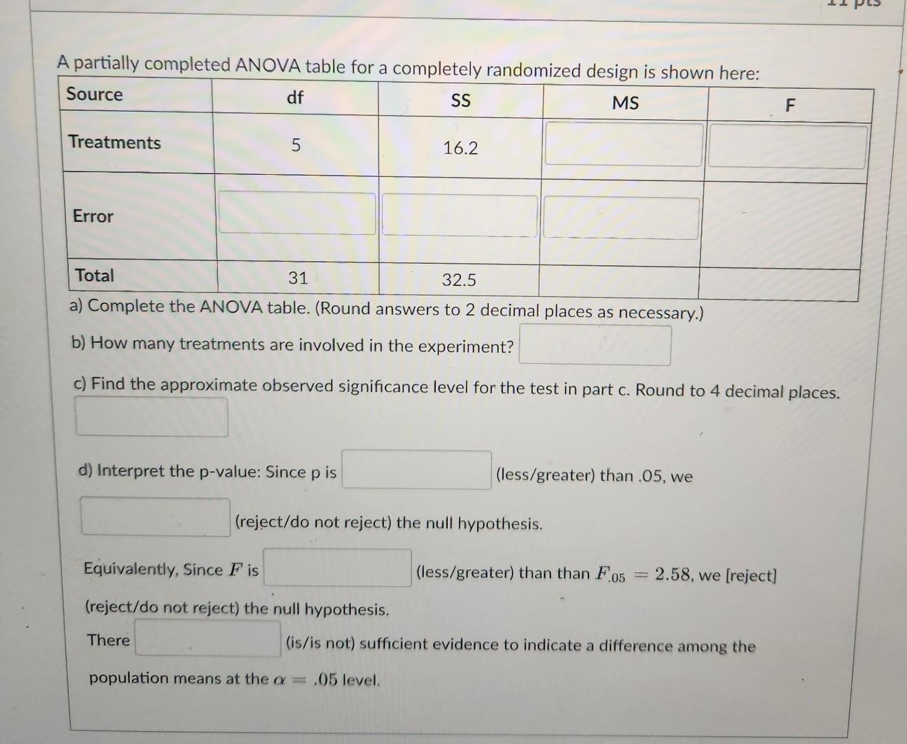Solved A partially completed ANOVA table for a completely | Chegg.com