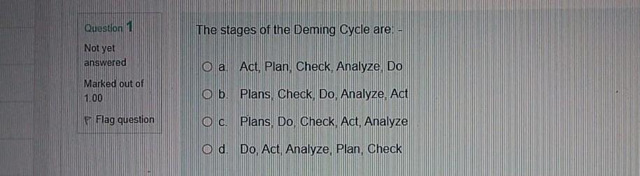 Solved Question 1 The stages of the Deming Cycle are: - Not | Chegg.com