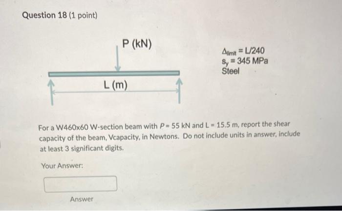 Solved Question 18 (1 point) Δlmit=L/240sy=345MPa Steel For | Chegg.com