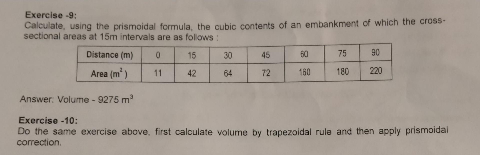 Solved Exercise -9: Calculate, using the prismoidal formula, | Chegg.com