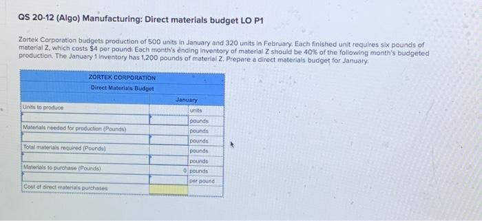 Solved QS 20-12 (Algo) Manufacturing: Direct materials | Chegg.com