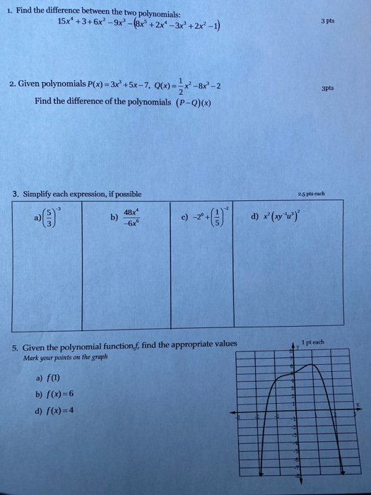 Solved 1. Find the difference between the two polynomials: | Chegg.com