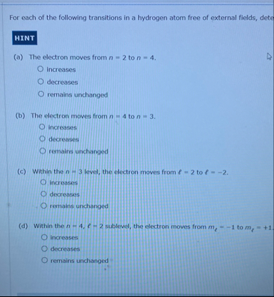 Solved For each of the following transitions in a hydrogen | Chegg.com
