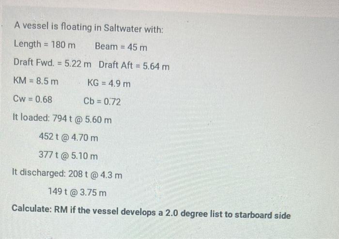 Solved A vessel is floating in Saltwater with: Length =145 m | Chegg.com