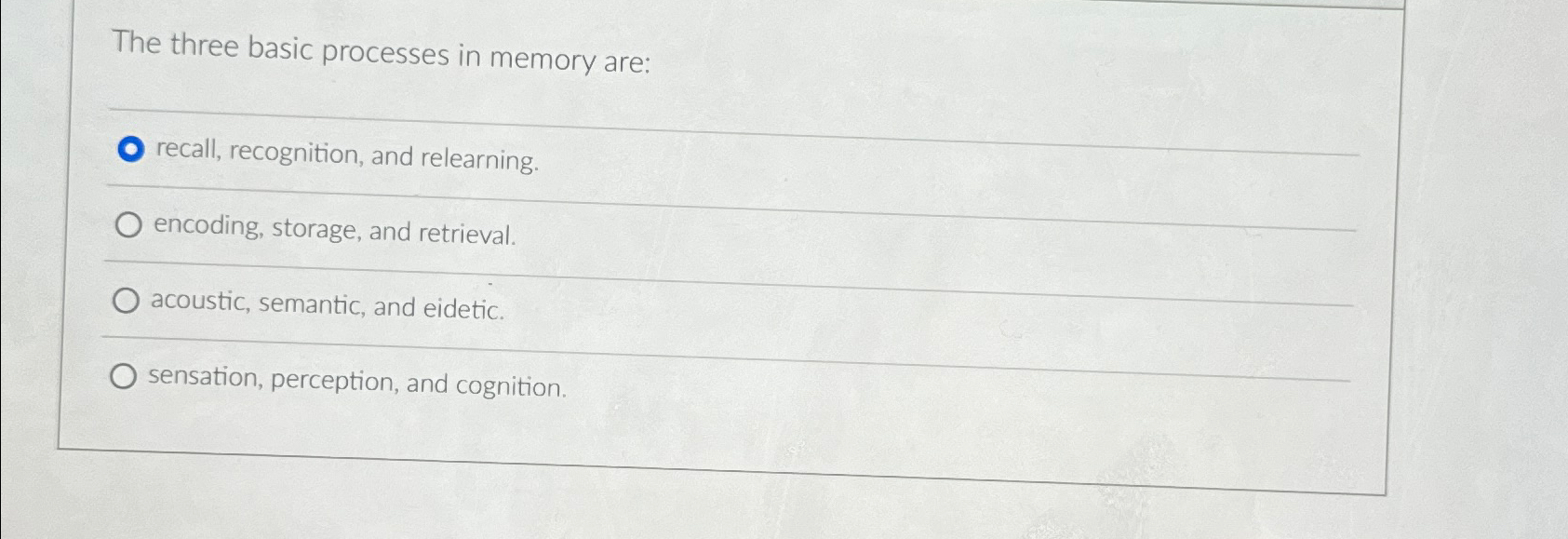 Solved The three basic processes in memory are:recall, | Chegg.com