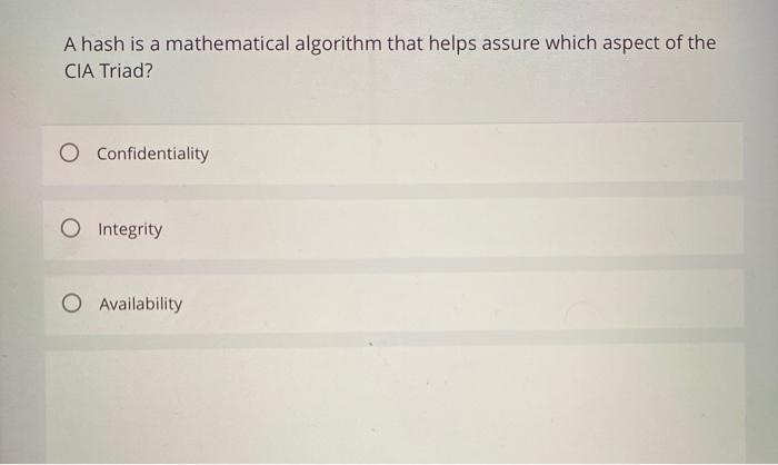 Solved A hash is a mathematical algorithm that helps assure | Chegg.com