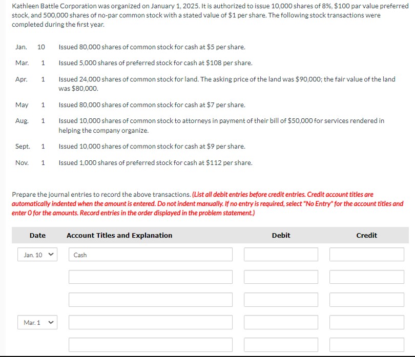 Solved Kathleen Battle Corporation was organized on January | Chegg.com