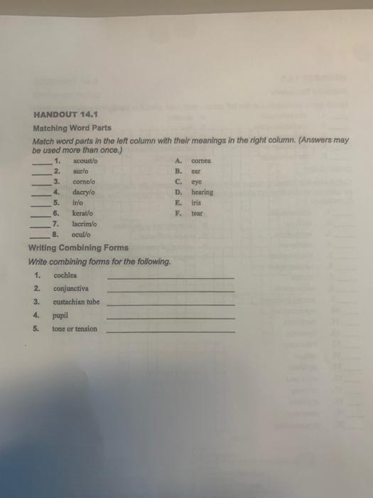 Solved HANDOUT 14.1 Matching Word Parts Match word parts in | Chegg.com