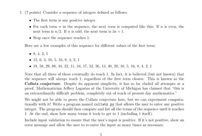 Solved 1. (7 points) Consider a sequence of integers defined | Chegg.com