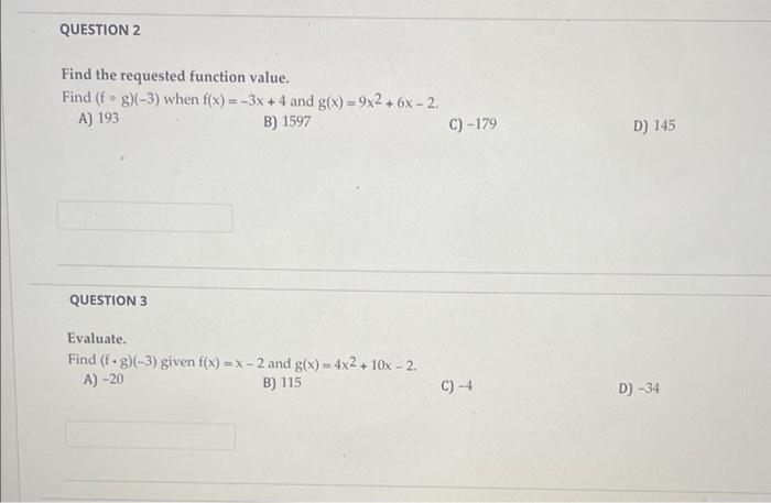 Solved Find the requested function value. Find (f∘g)(−3) | Chegg.com