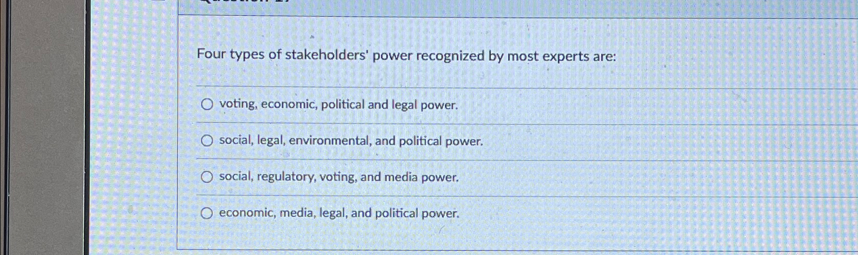 Solved Four types of stakeholders' power recognized by most | Chegg.com