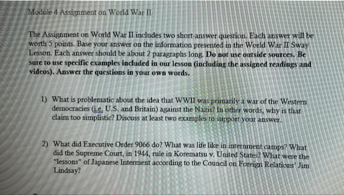 Module 4 Assignment on World War II The Assignment on | Chegg.com