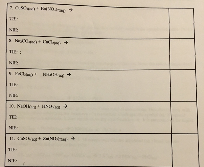 Solved 7. CuSO4(aq) + Ba(NO3)2(aq) → TIE: NIE: 8. Na2CO3(aq) | Chegg.com