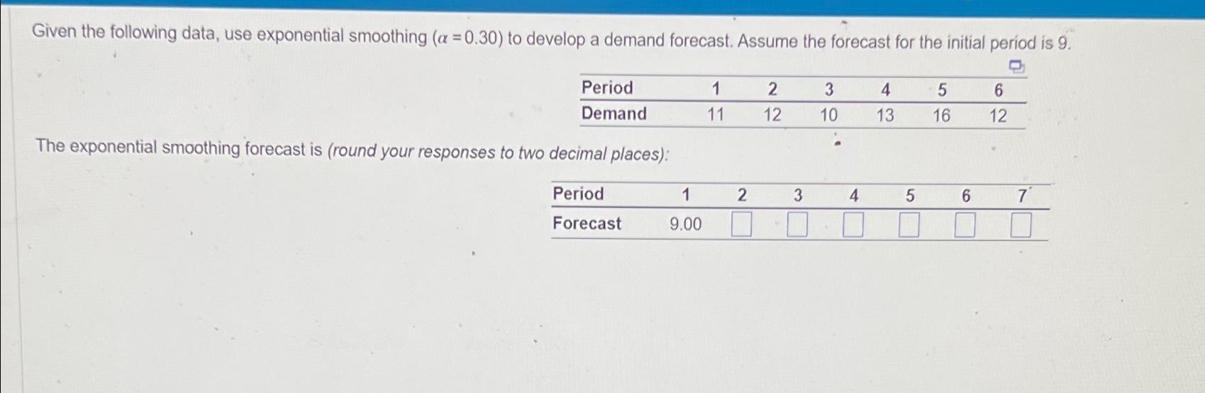 Solved Given the following data, use exponential smoothing | Chegg.com